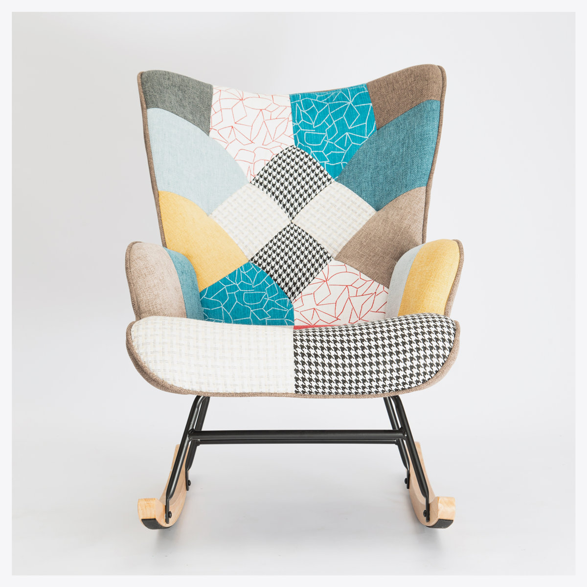 George Oliver Rocking Chair, Fabric Rocker Chair with Wood Legs and Patchwork Linen for ...